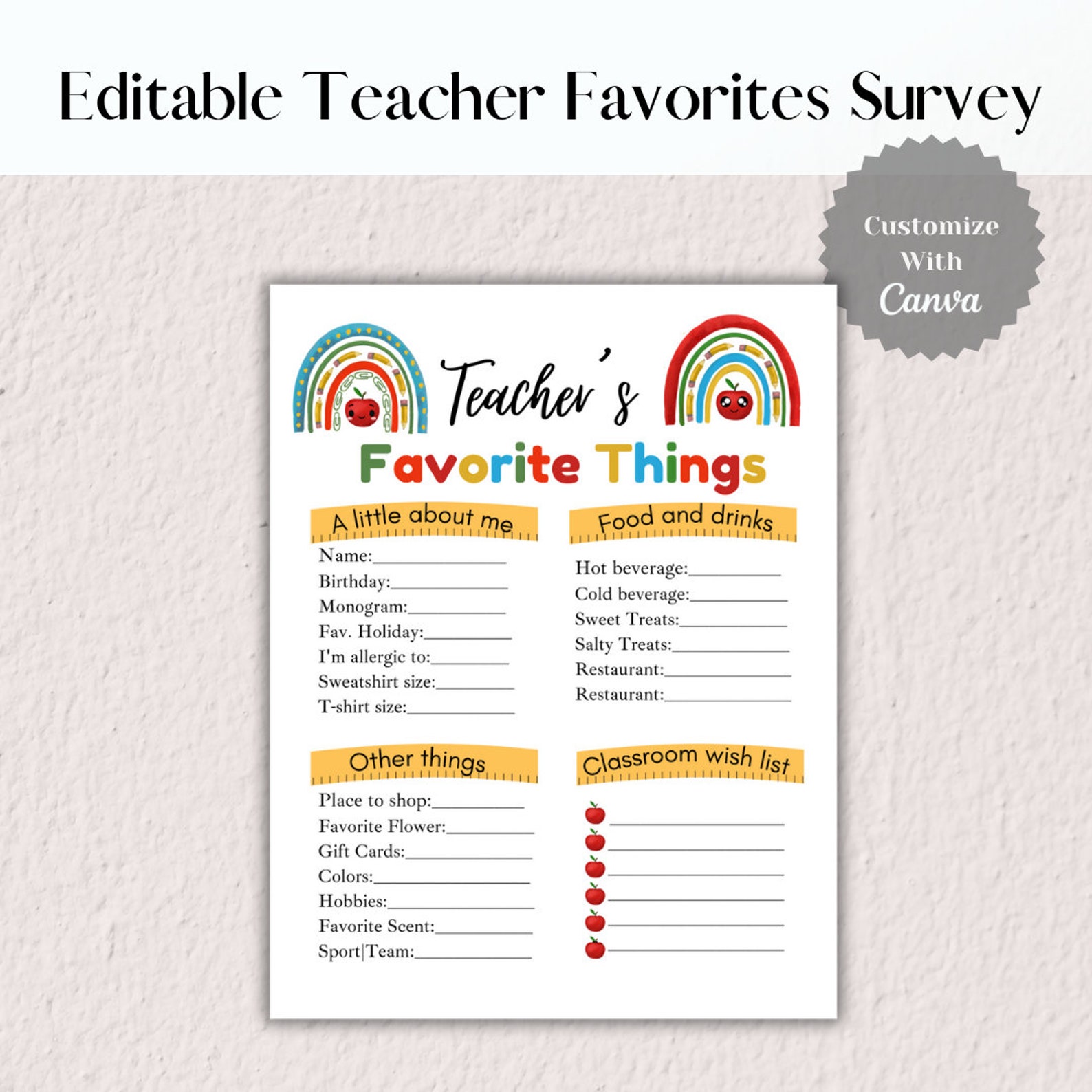 Editable Teacher Favorites Survey/ Meet the Teacher Questionnaire ...