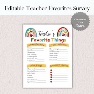Editable Teacher Favorites Survey/ Meet the Teacher Questionnaire ...