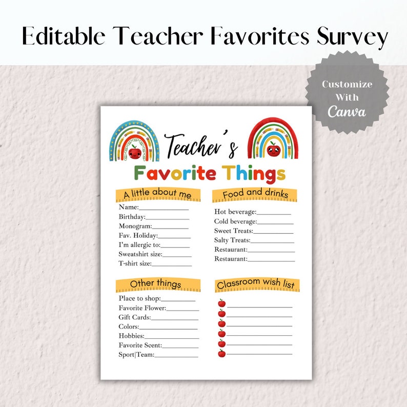 Editable Teacher Favorites Survey, Printable Questionnaire (digital ...