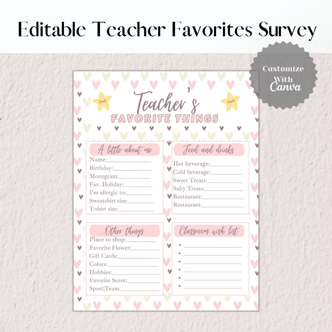 Editable Teacher Favorites Survey/ Meet the Teacher Questionnaire ...