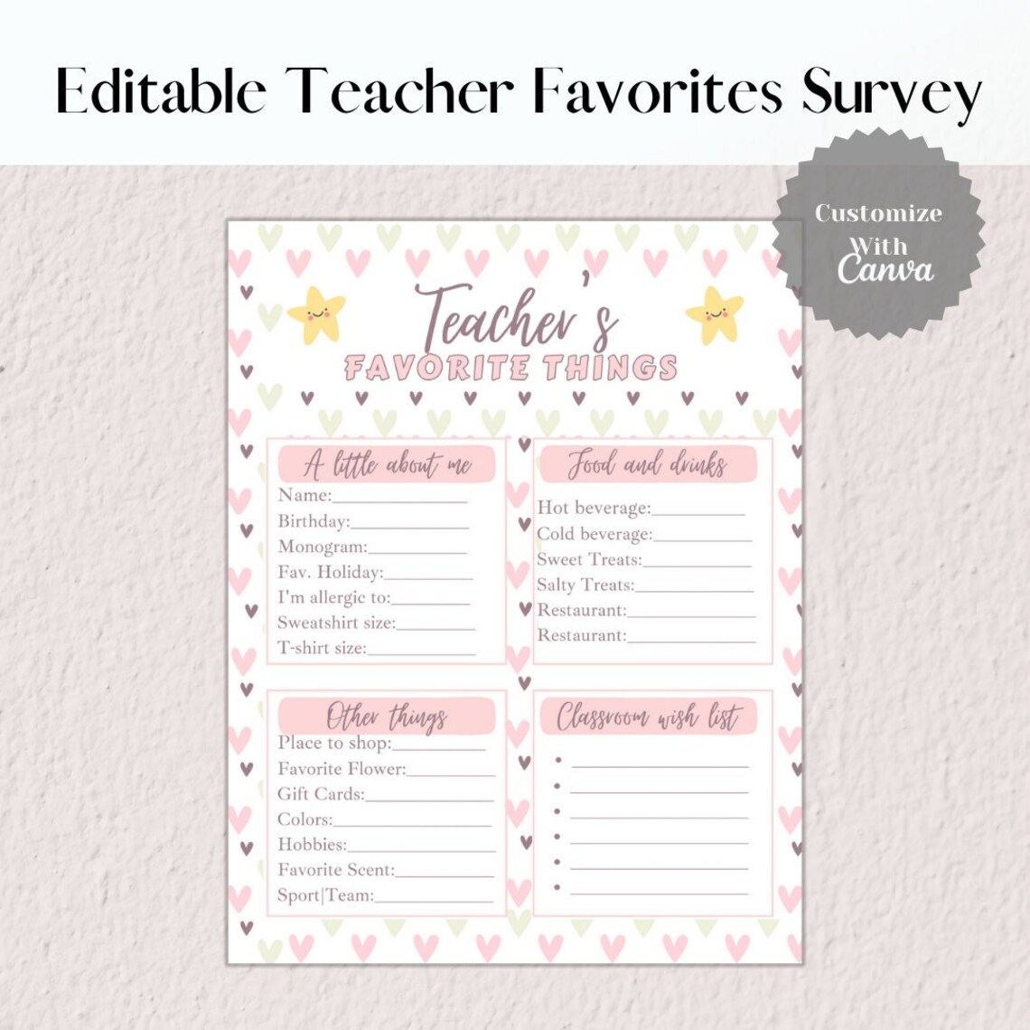 Editable Teacher Favorites Survey/ Meet the Teacher Questionnaire ...