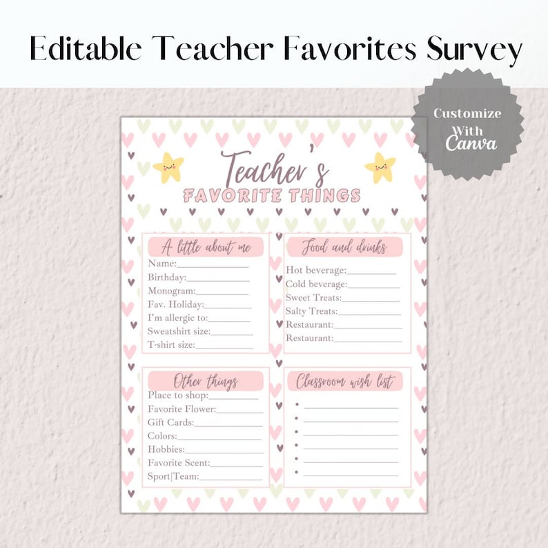 Editable Teacher Favorites Survey/ Meet the Teacher Questionnaire ...
