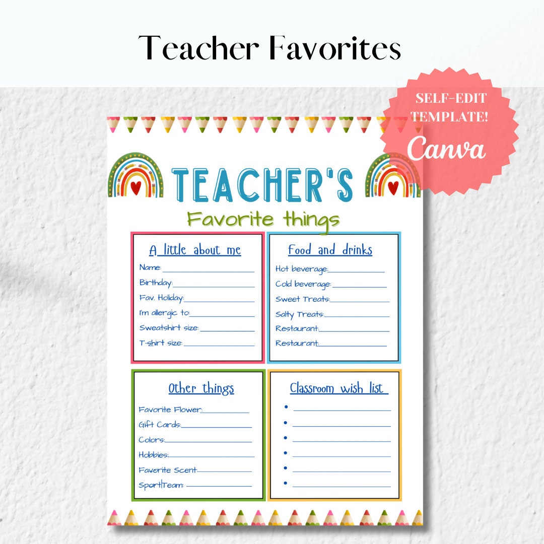 Editable Teacher Favorites Survey/ Meet the Teacher Questionnaire ...