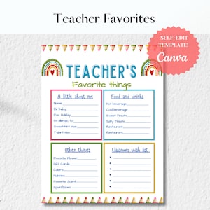 Editable Teacher Favorites Survey/ Meet the Teacher Questionnaire ...