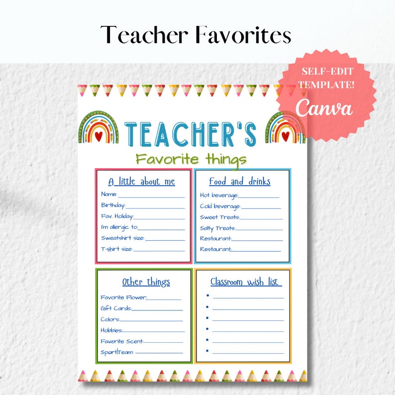 Editable Teacher Favorites Survey/ Meet the Teacher Questionnaire ...