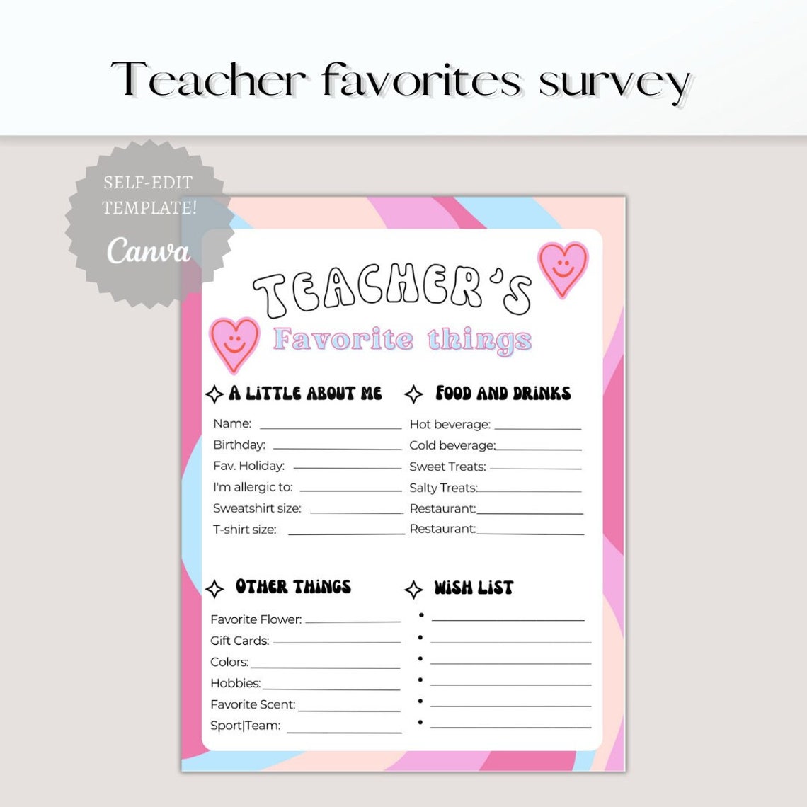 Editable Teacher Favorites Survey/ Meet the Teacher Questionnaire ...