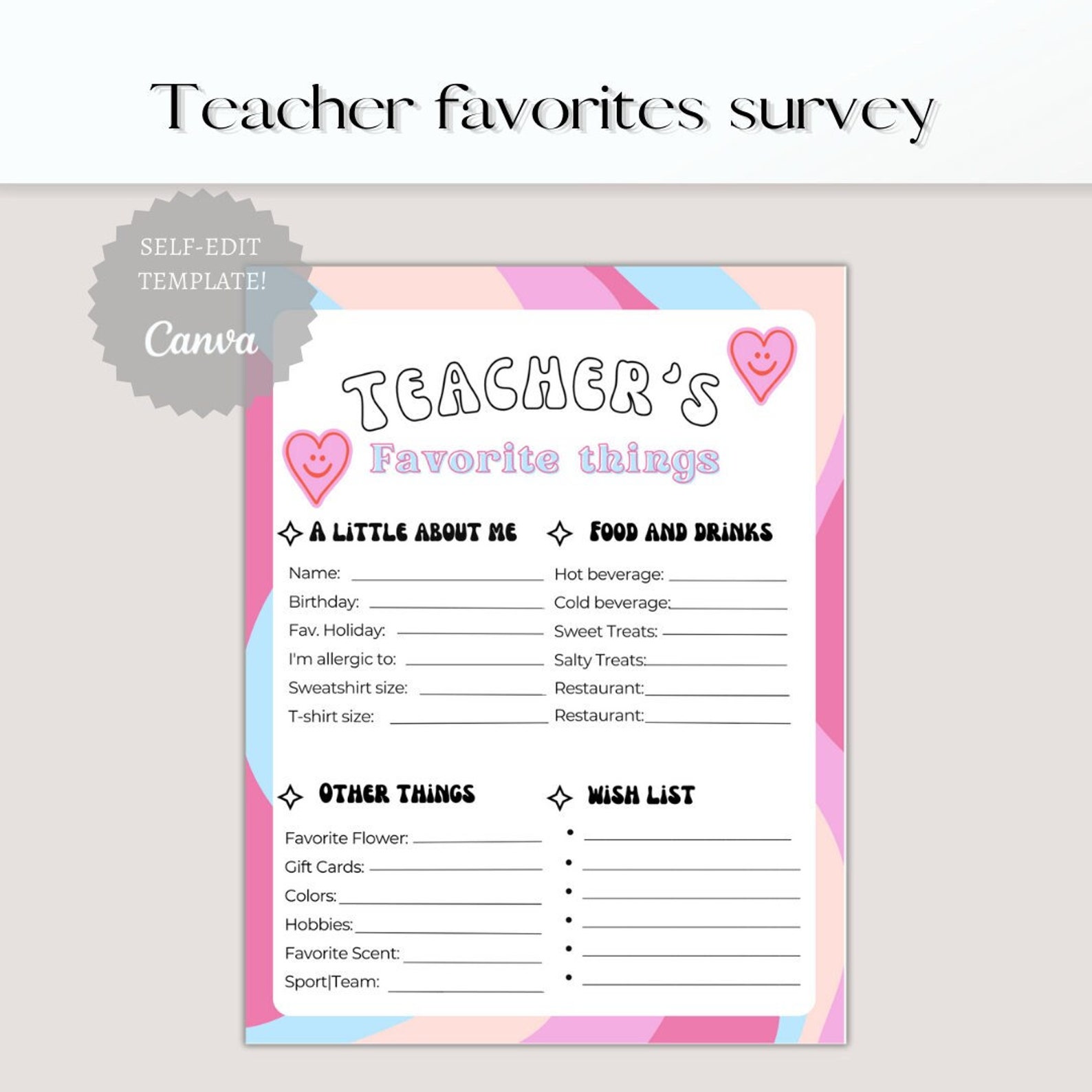 Editable Teacher Favorites Survey/ Meet the Teacher Questionnaire ...