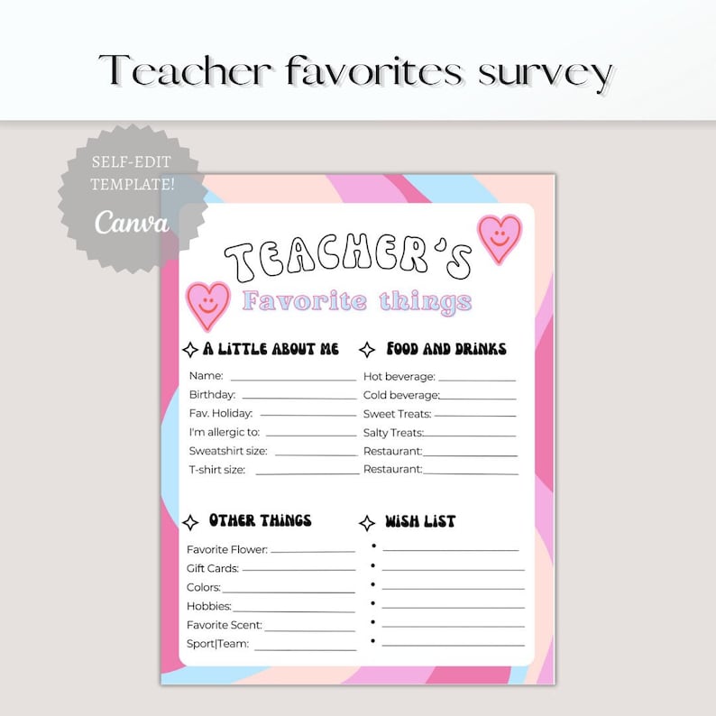 Editable Teacher Favorites Survey/ Meet the Teacher Questionnaire ...