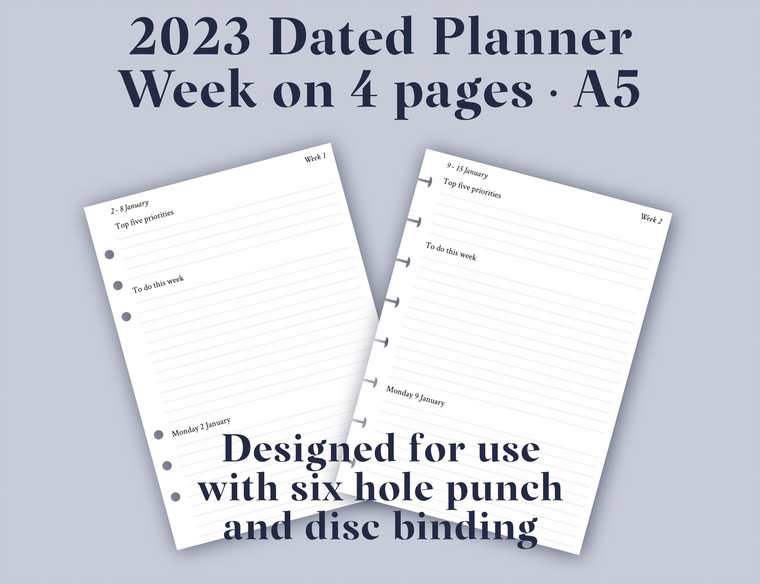 2023 Dated Planner Week on 4 Pages A5 Planner Printable Minimalist ...