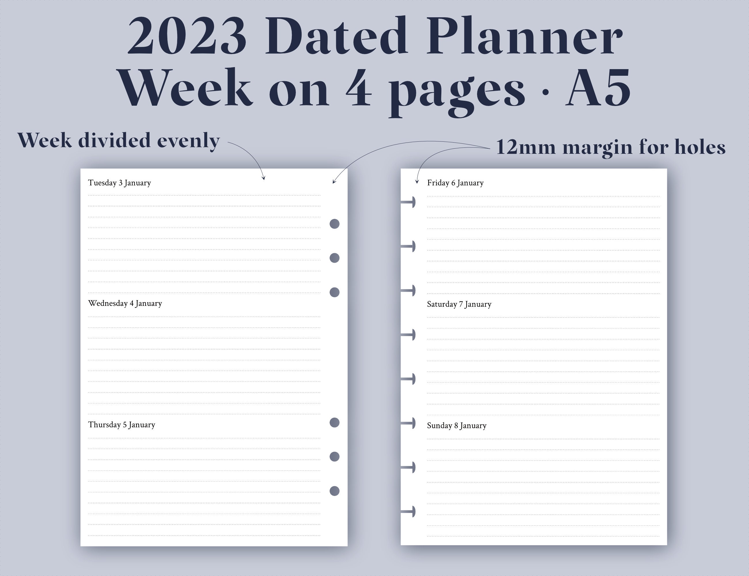 2023 Dated Planner Week on 4 Pages A5 Planner Printable Minimalist ...