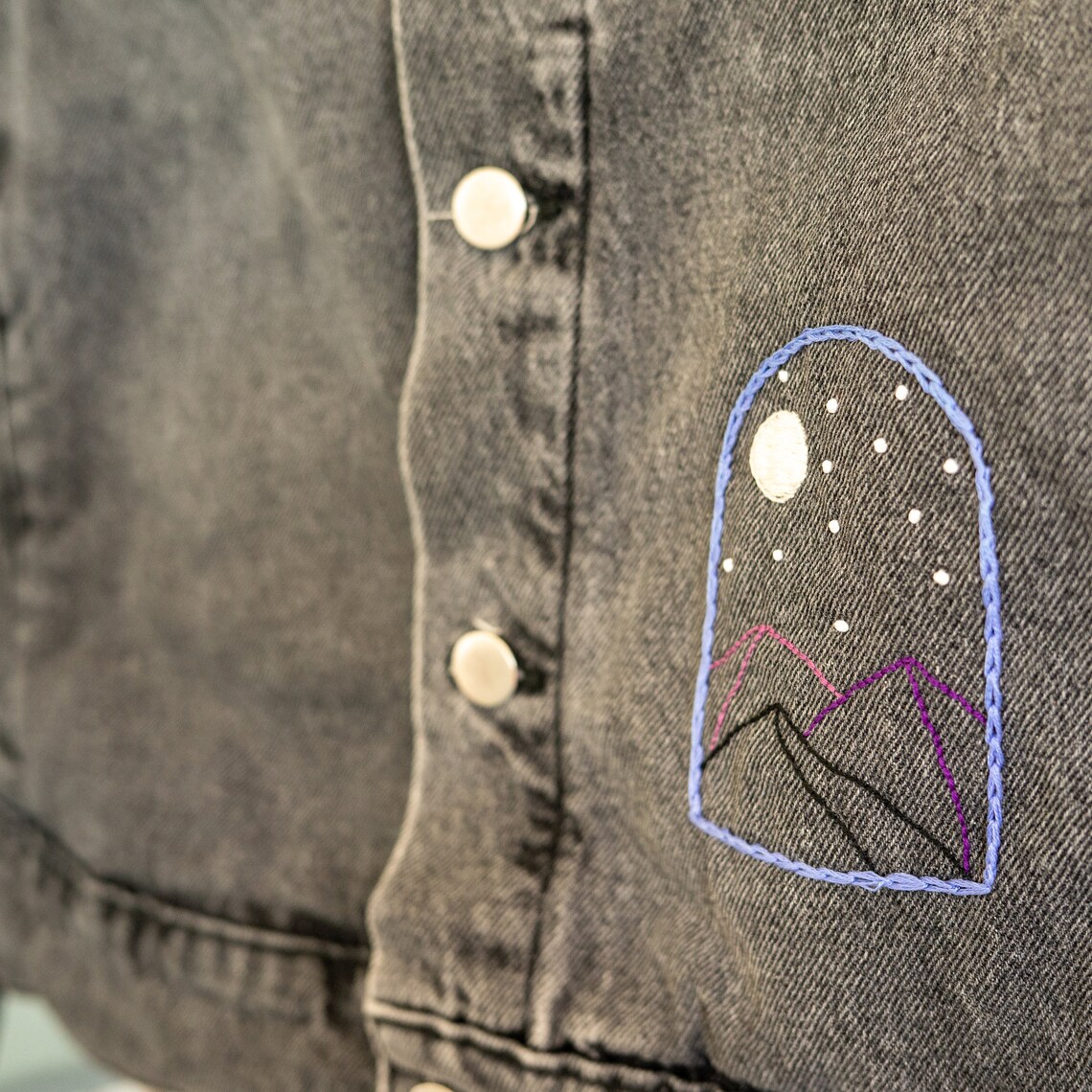 Mountain Landscape Denim Jacket. Black Jean Jacket. Black Denim Coat ...