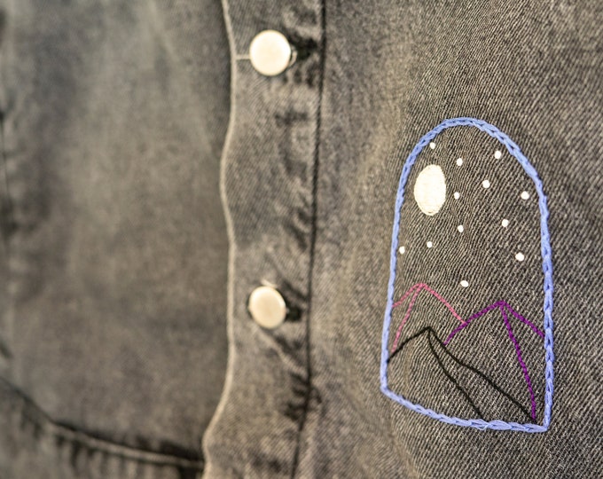 Mountain Landscape Denim Jacket. Black Jean Jacket. Black Denim Coat ...
