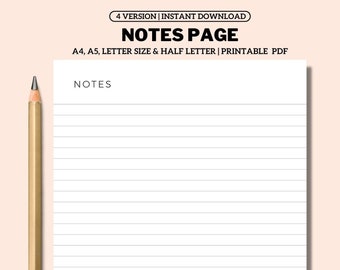 Notes Page Printable, Lined Notes, Digital Product, Note Taking ...