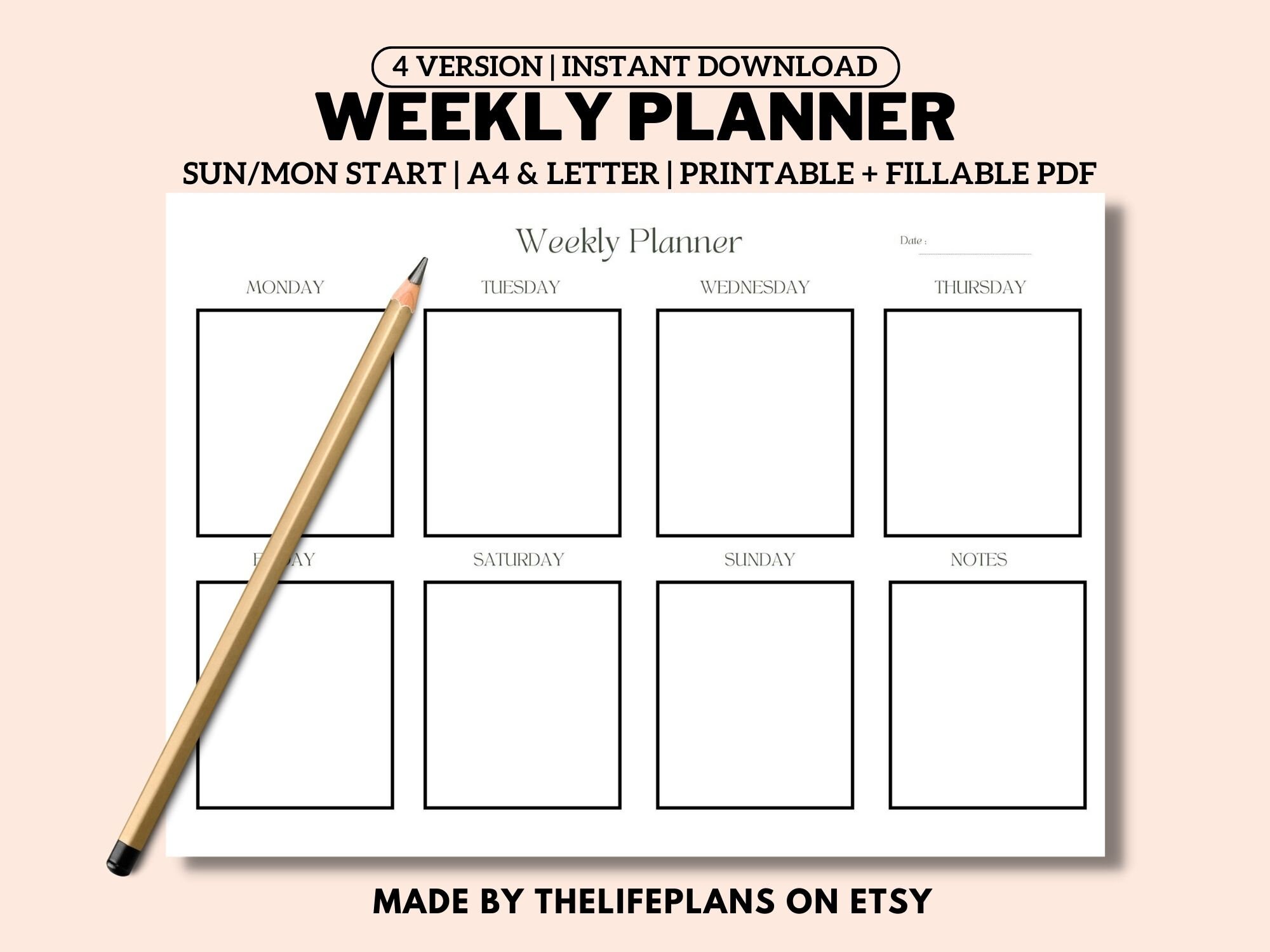 Weekly Planner Printable Landscape, Minimalist Weekly Schedule, Week at ...