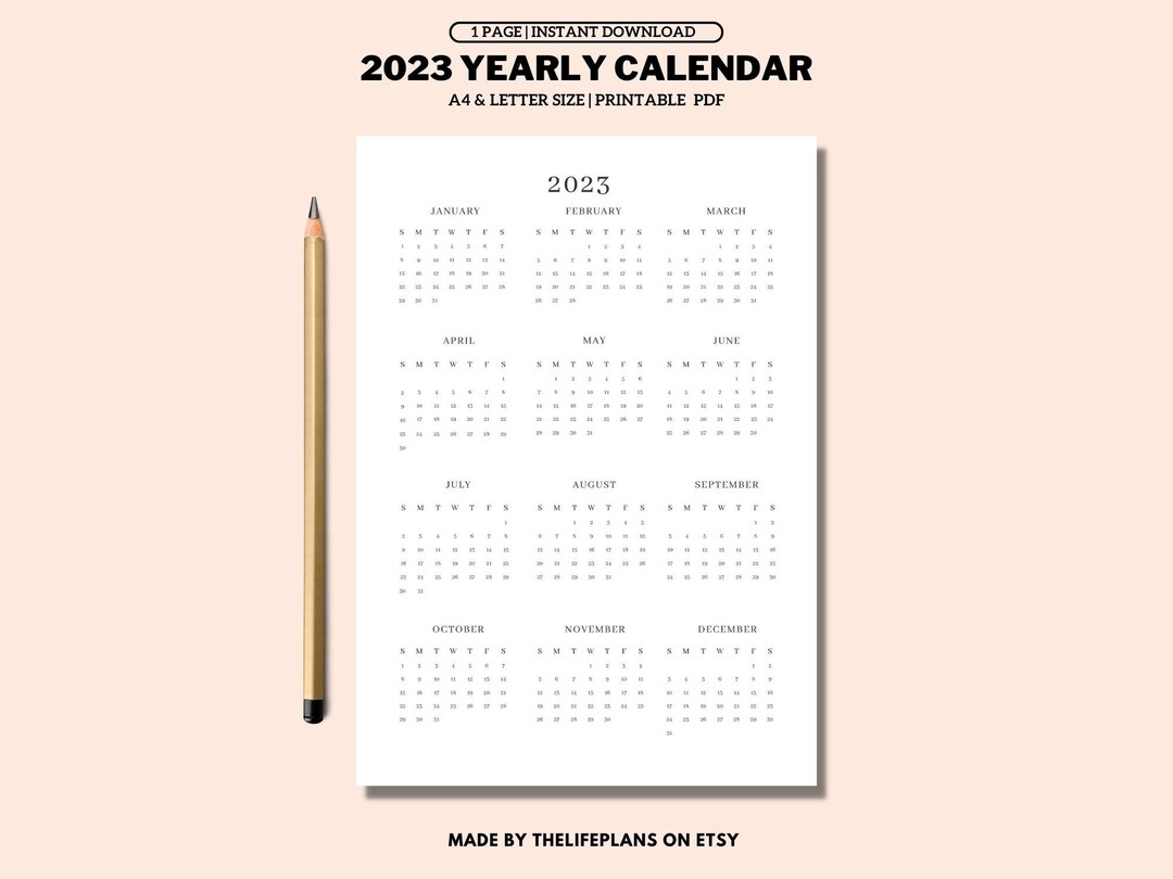 2023 Year Calendar Printable, Yearly Wall Calendar, Desk Calendar ...