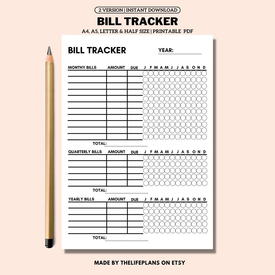Monthly, Quartly, Yearly Bill Tracker on One Page Printable, Bill ...