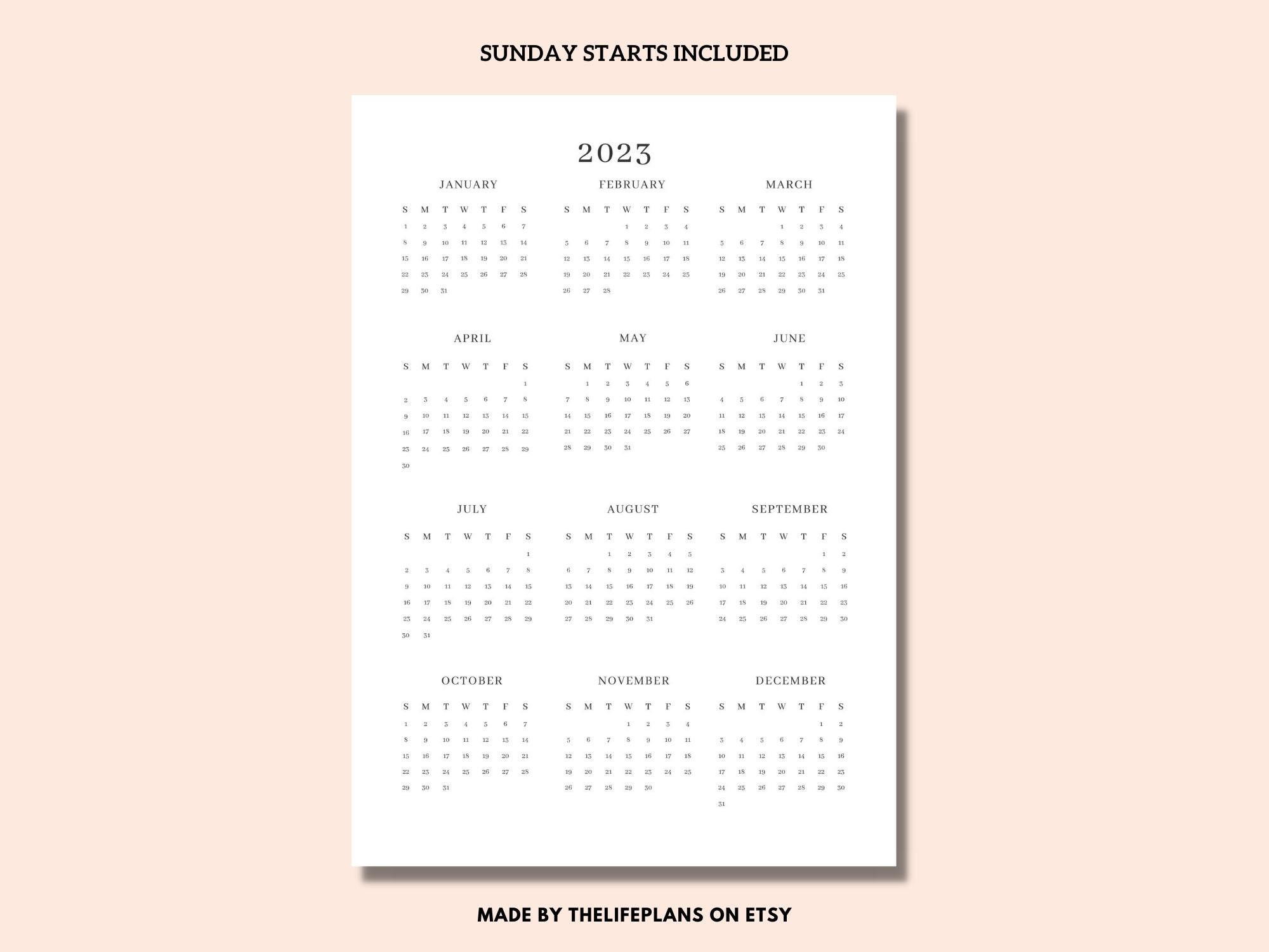 2023 Year Calendar Printable, Yearly Wall Calendar, Desk Calendar ...