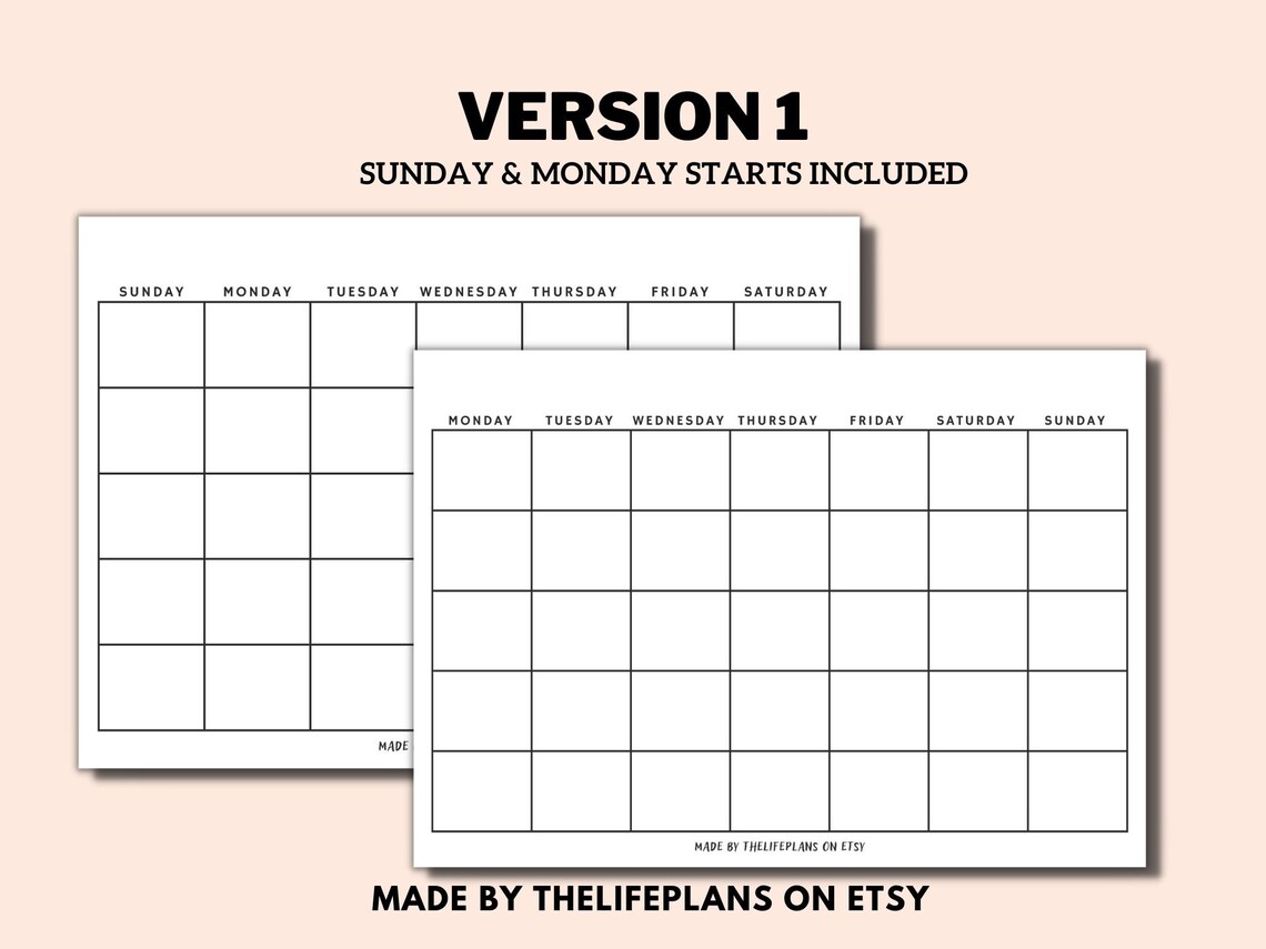 Blank Monthly Calendar Printable Landscape, Minimalist Calendar ...