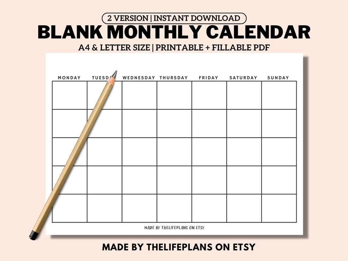 Blank Monthly Calendar Printable Landscape, Minimalist Calendar ...
