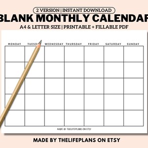 Blank Monthly Calendar Printable Landscape, Minimalist Calendar ...