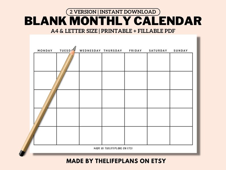 Blank Monthly Calendar Printable Landscape, Minimalist Calendar ...