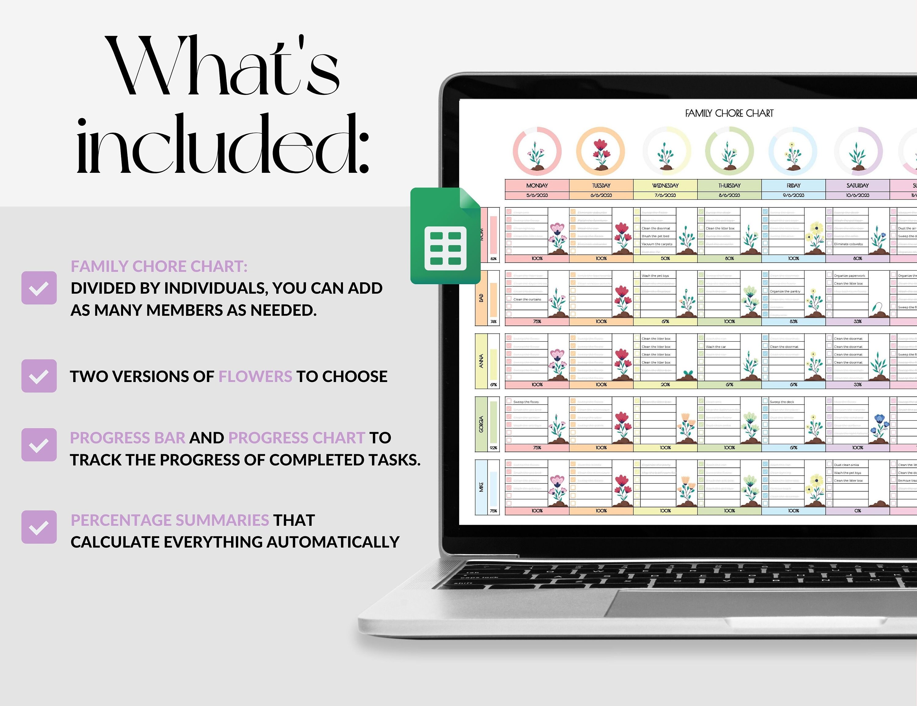 Colorful Family Chore Chart for Kids Spreadsheets Template Weekly ...
