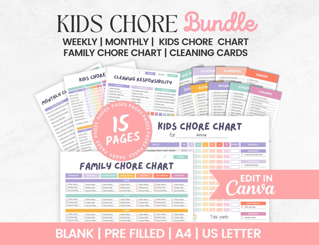 Printable Kids Chore Chart Bundle: Family Responsibility, Editable in ...