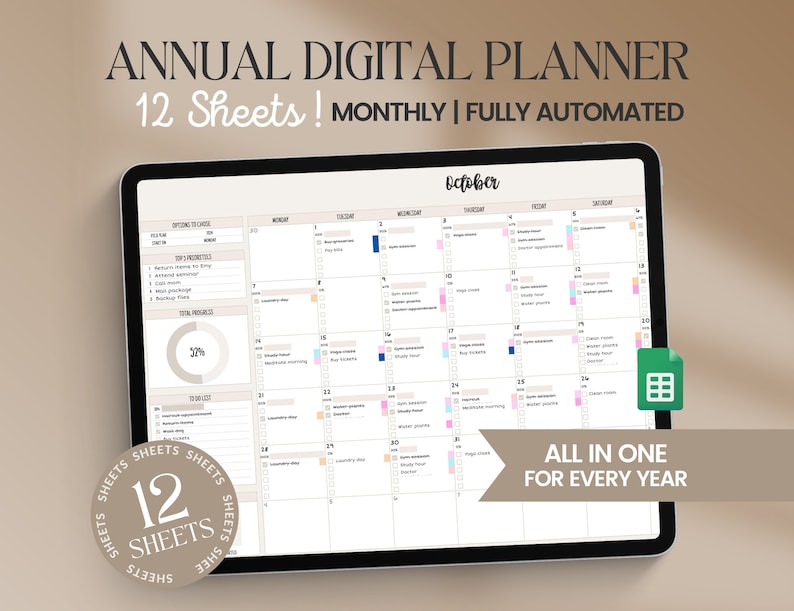 Monthly Calendar Spreadsheet, Task Tracker, Google Sheets, ADHD Planner ...