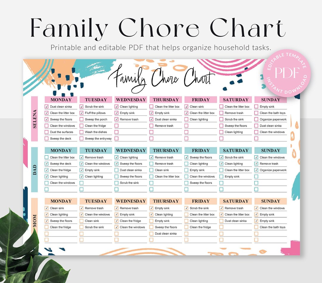 Colorful Family Chore Chart: Editable Weekly Schedule (printable PDF ...
