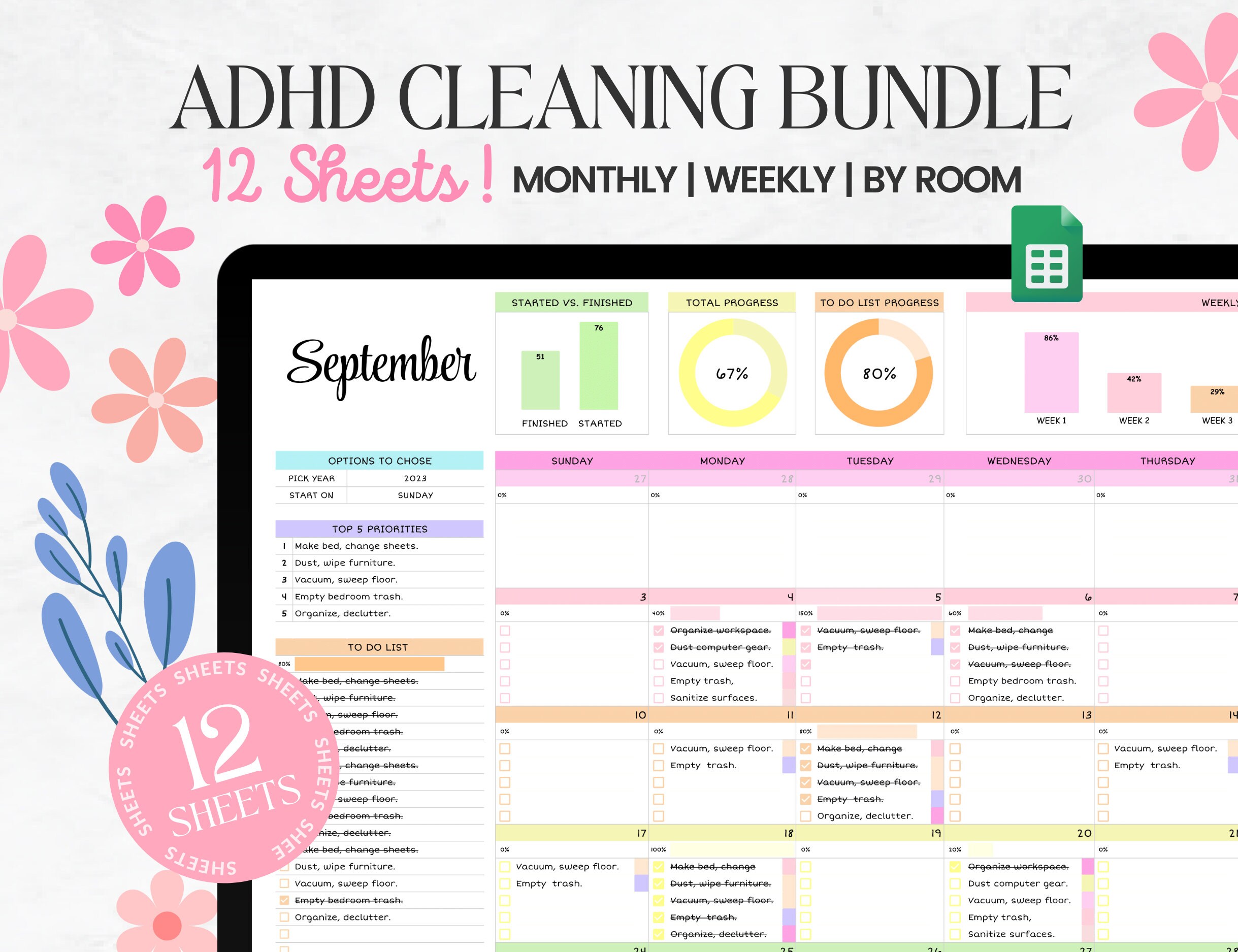 ADHD Cleaning Schedule Google Sheets Adhd Digital Planner Weekly ...