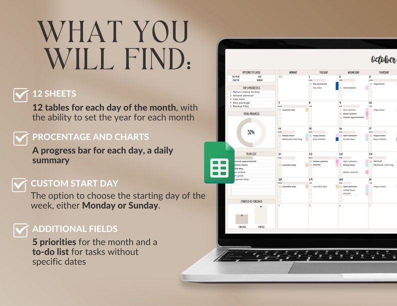 Monthly Calendar Spreadsheet, Task Tracker, Google Sheets, ADHD Planner ...