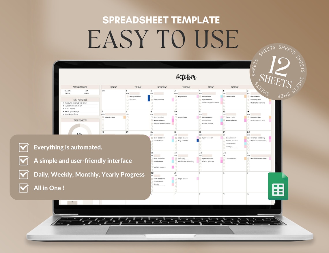 Monthly Calendar Spreadsheet, Task Tracker, Google Sheets, ADHD Planner ...