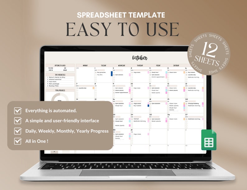 Monthly Calendar Spreadsheet, Task Tracker, Google Sheets, ADHD Planner ...