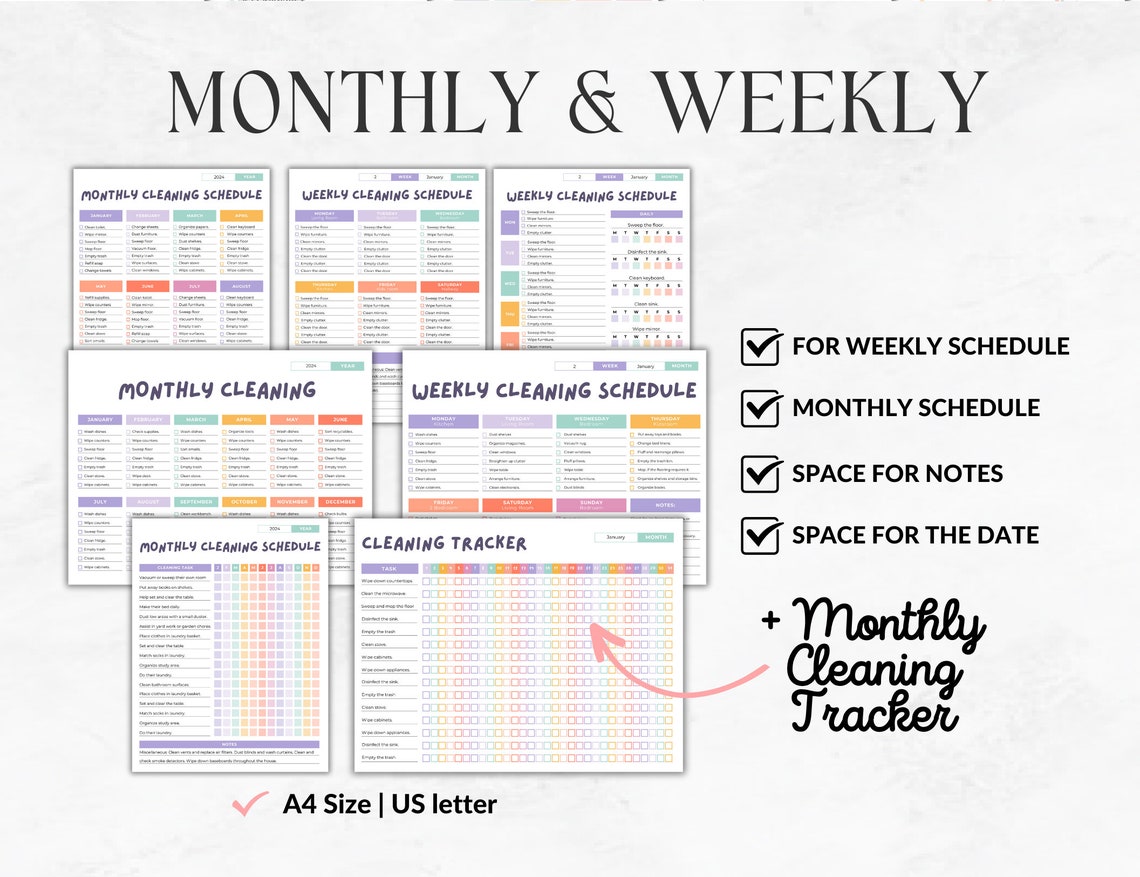 Cleaning Checklist Bundle Weekly Cleaning Printable Monthly Cleaning ...