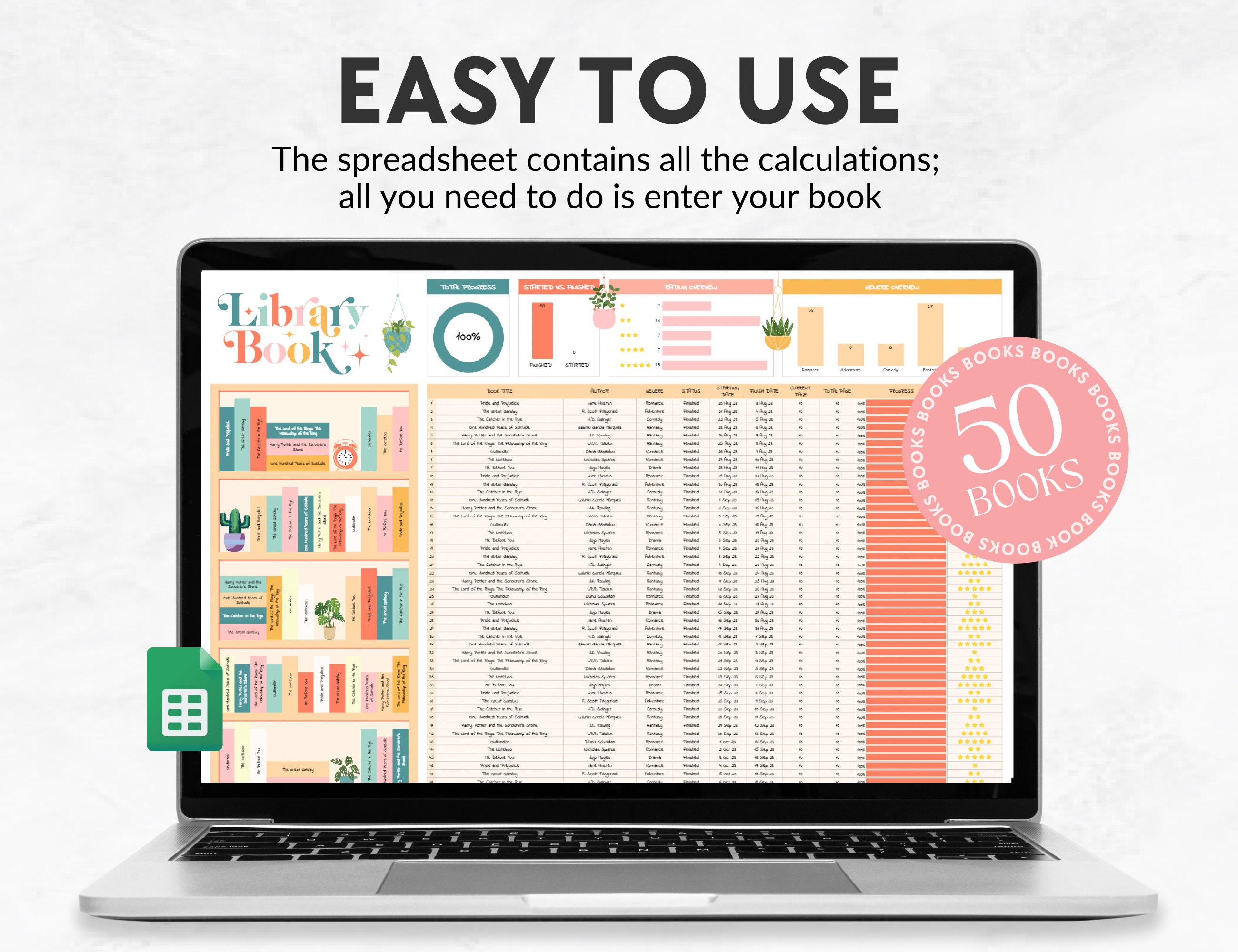 Digital Reading Tracker: Google Sheets Book Review Journal (50 Books ...