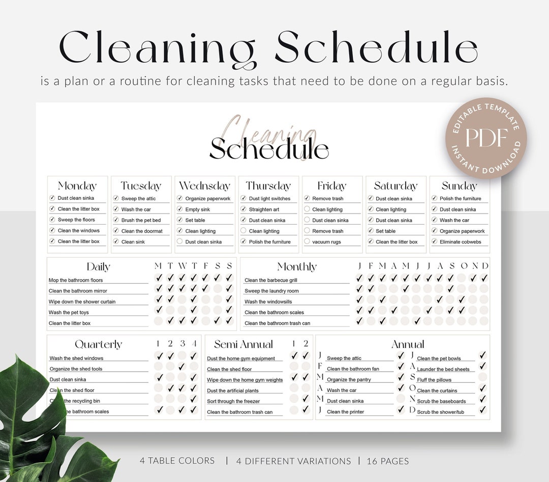 Editable Cleaning Schedule: Daily, Weekly, Monthly Chores (PDF Template ...