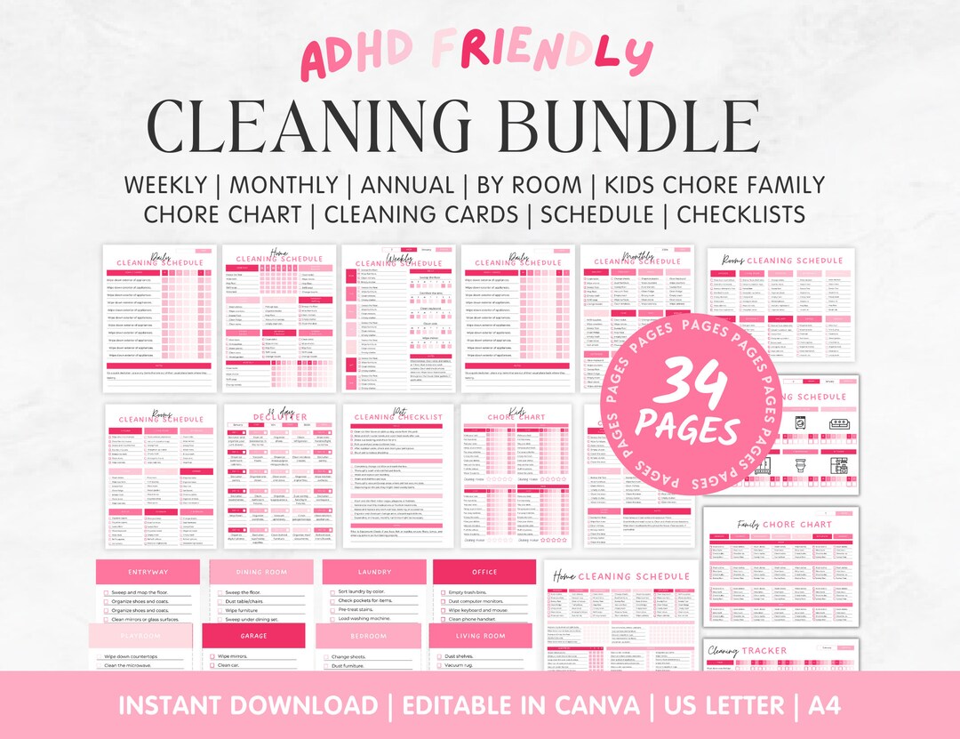 ADHD Cleaning Schedule Bundle, Editable Weekly Cleaning, Family Chore ...