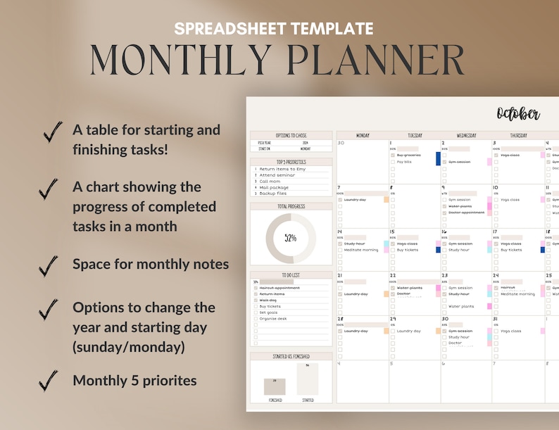 Monthly Calendar Spreadsheet, Task Tracker, Google Sheets, ADHD Planner ...
