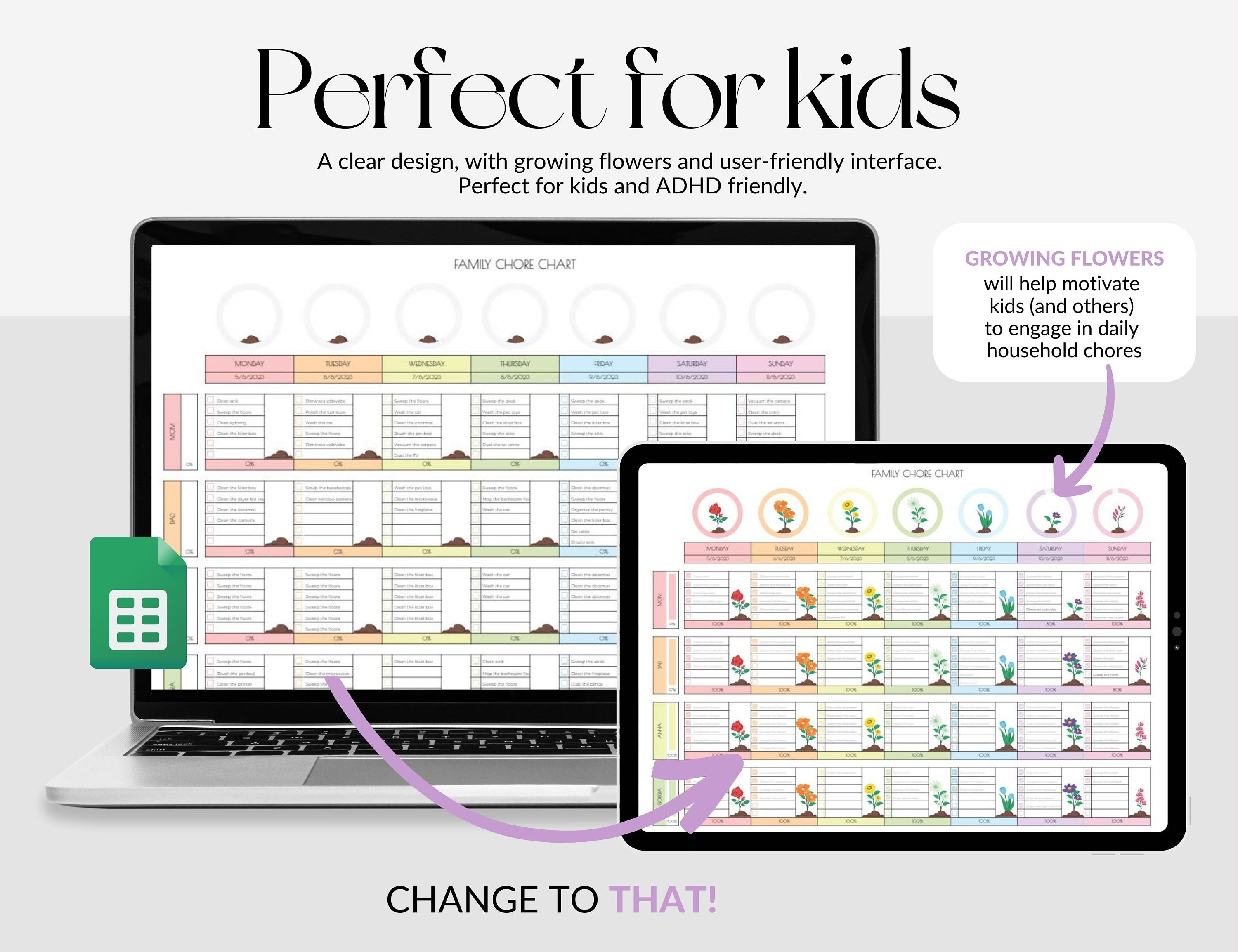 Colorful Family Chore Chart for Kids Spreadsheets Template Weekly ...