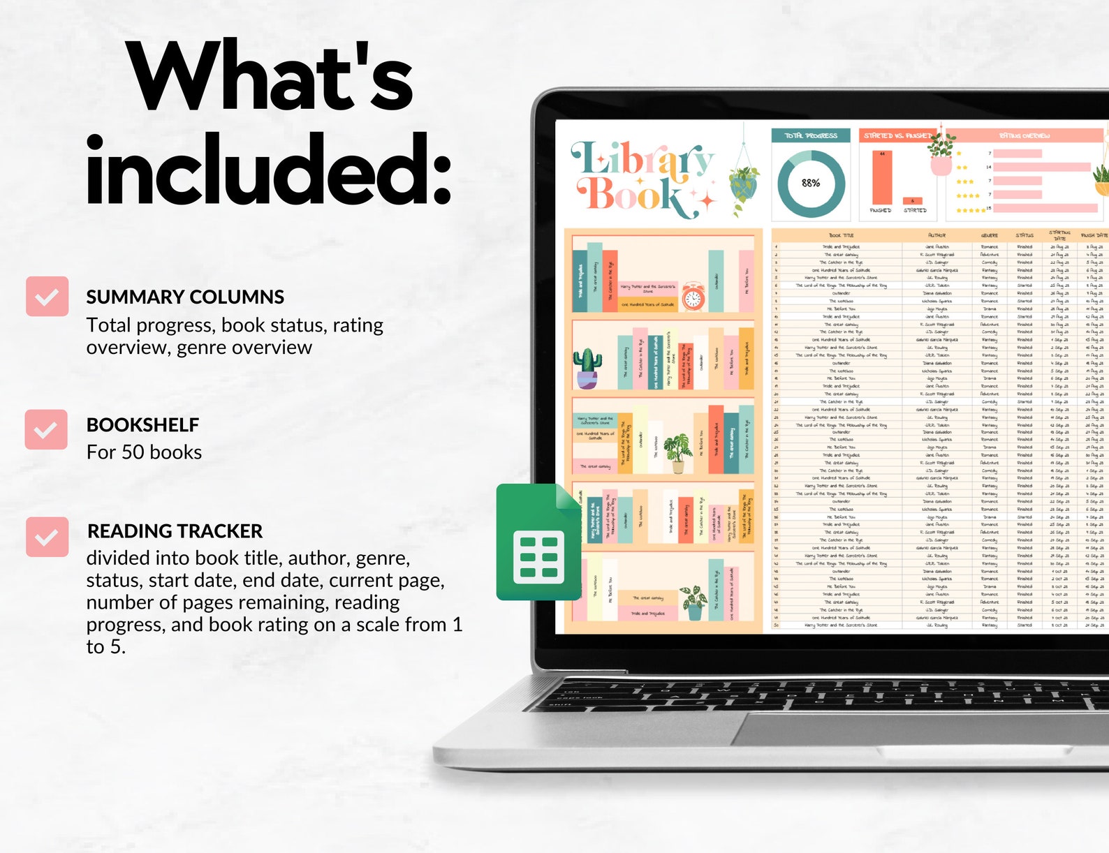 Digital Reading Tracker: Google Sheets Book Review Journal (50 Books ...