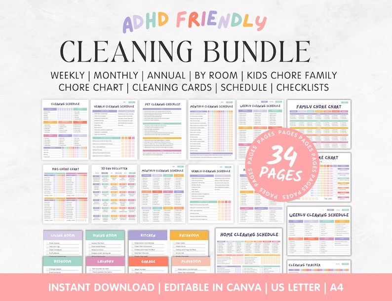 ADHD Cleaning Checklist Bundle, Weekly Monthly Cleaning Schedule ...