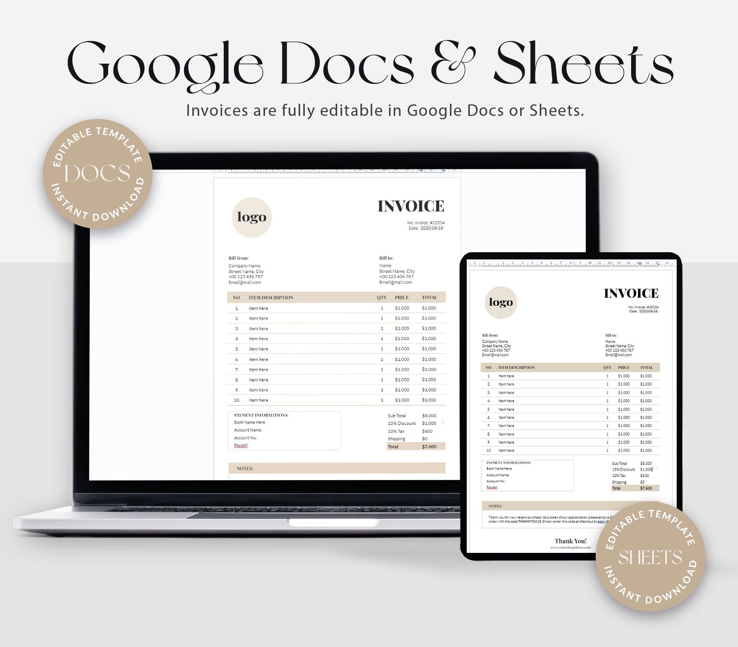 Editable Invoice Template: Google Docs & Sheets (digital Download) - Etsy