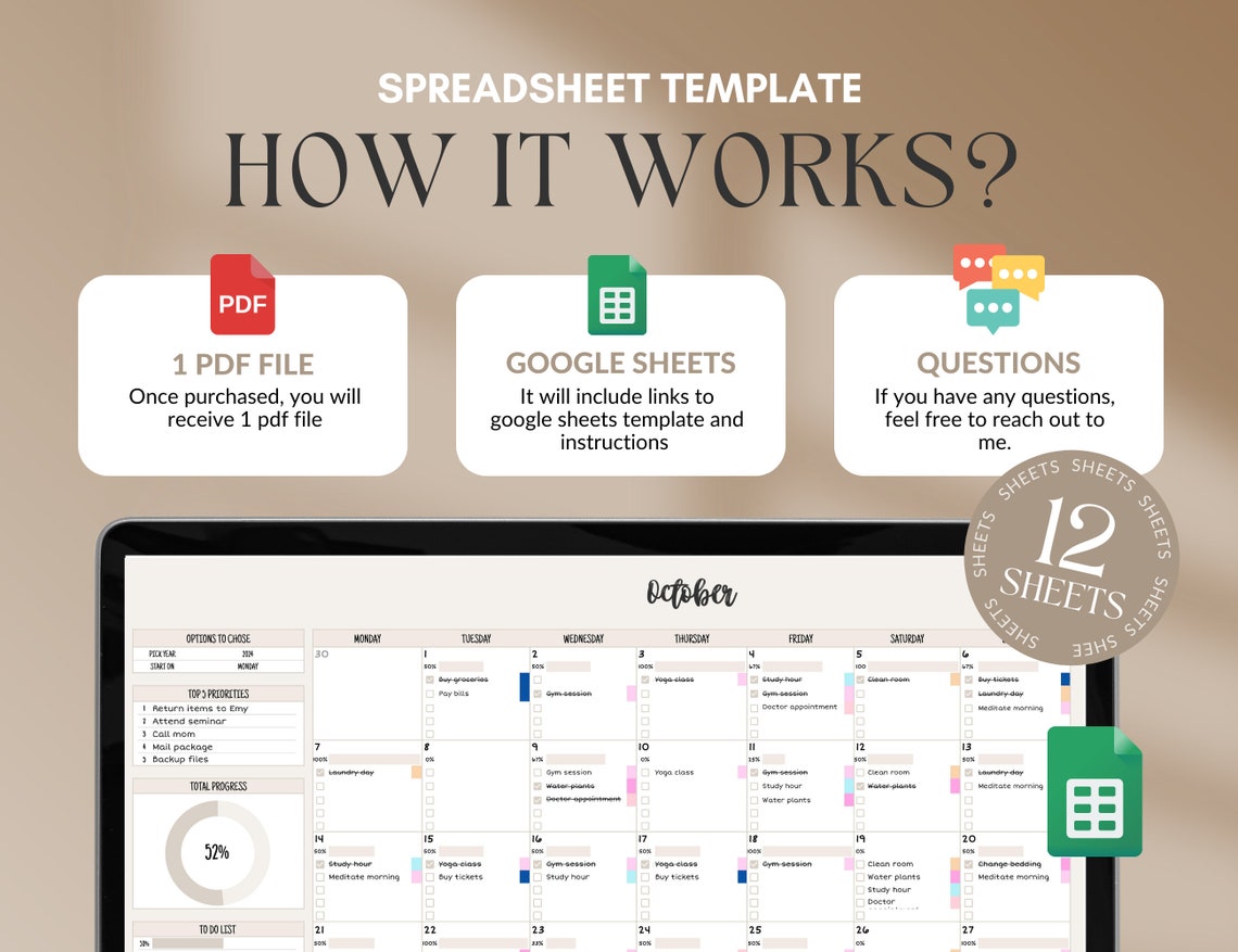 Monthly Calendar Spreadsheet, Task Tracker, Google Sheets, ADHD Planner ...