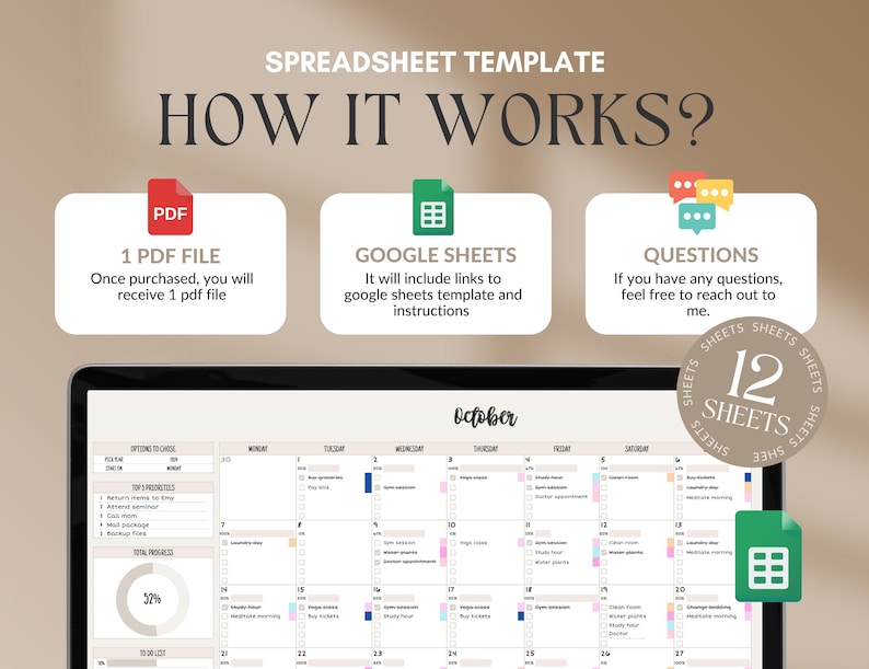 Monthly Calendar Spreadsheet, Task Tracker, Google Sheets, ADHD Planner ...
