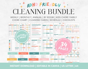 ADHD Cleaning Checklist Bundle, Editable Cleaning Schedule, Chore Chart ...