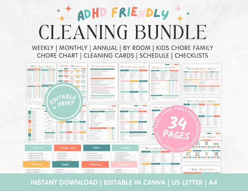 ADHD Cleaning Schedule Bundle, Editable Cleaning Checklist, Chore Chart ...