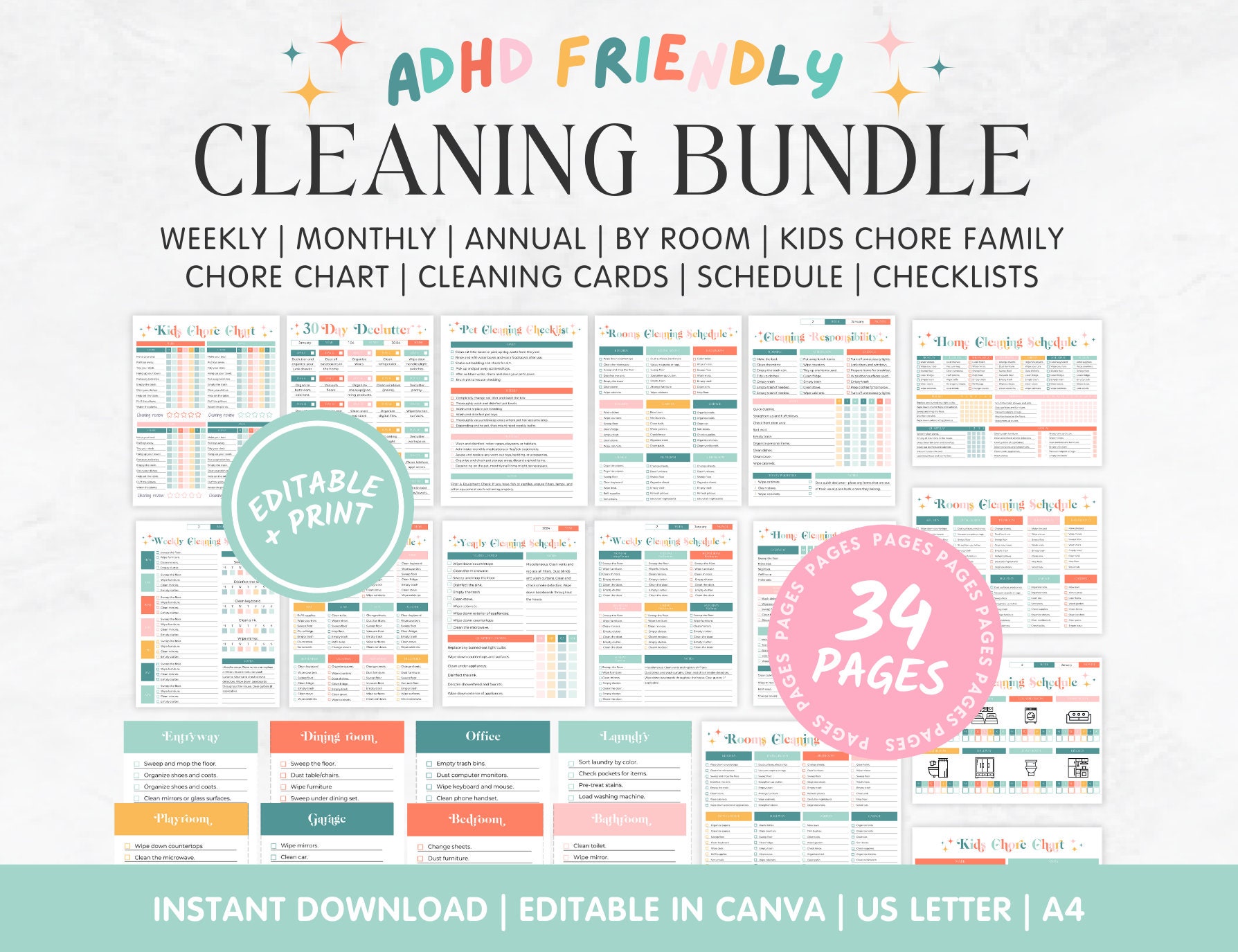 ADHD Cleaning Schedule Bundle: Editable Chore Charts (digital Download ...