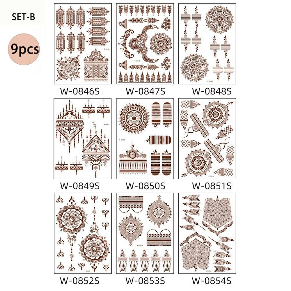 9 Sheets Temporary Henna Mendi Sticker Tattoos Eid Diwali Nikkah ...