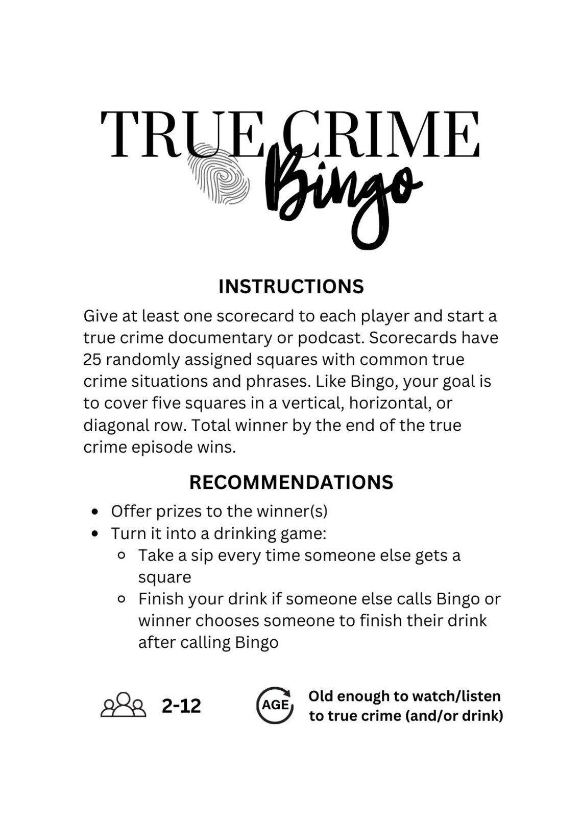 True Crime Bingo - Etsy