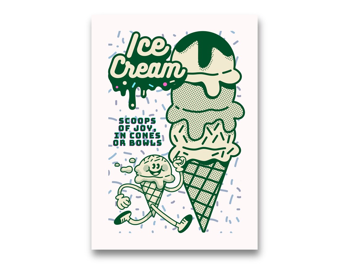 Ice Cream Retro Graphic Design Poster Green, Kitchen Decor Food, Ice ...